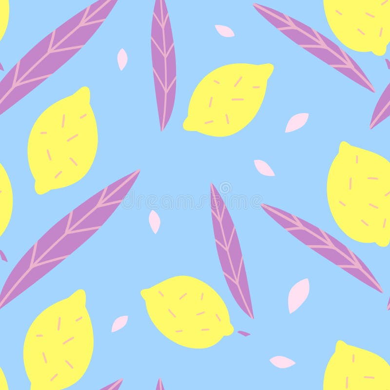 Fresh Pattern with Lemons and Lemon Leaves on a Blue Background ...