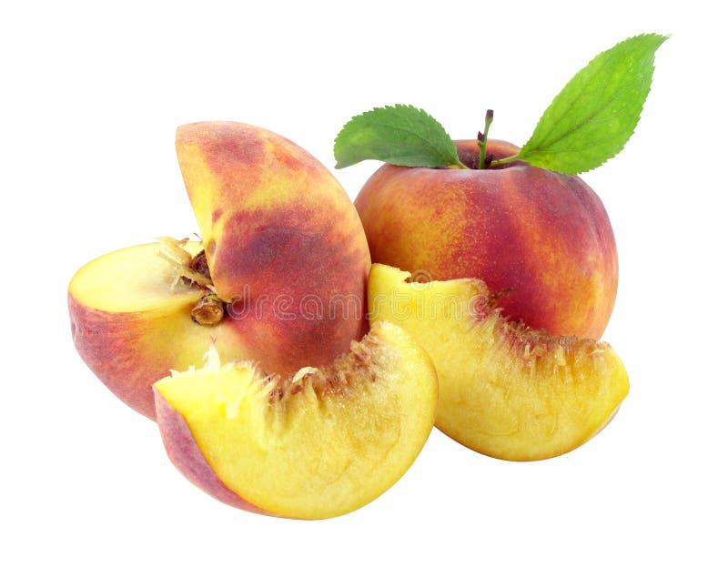 Fresh Peach Fruits with Green Leaves Stock Photo - Image of white ...