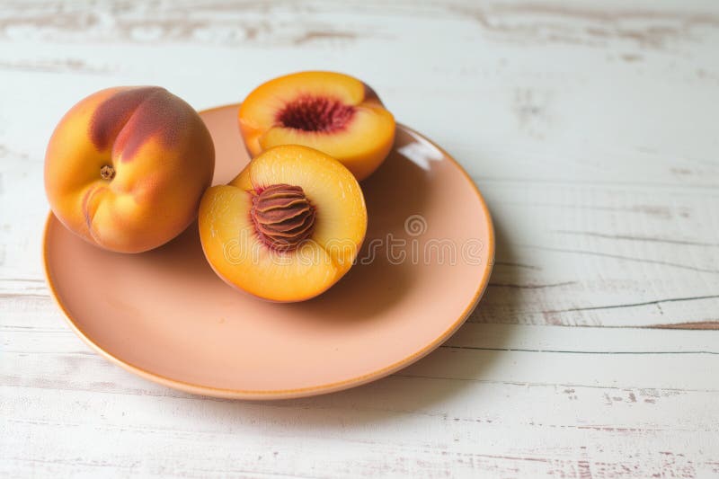 Fresh Peach Halves on a Peachcolored Ceramic Plate with a White Table ...