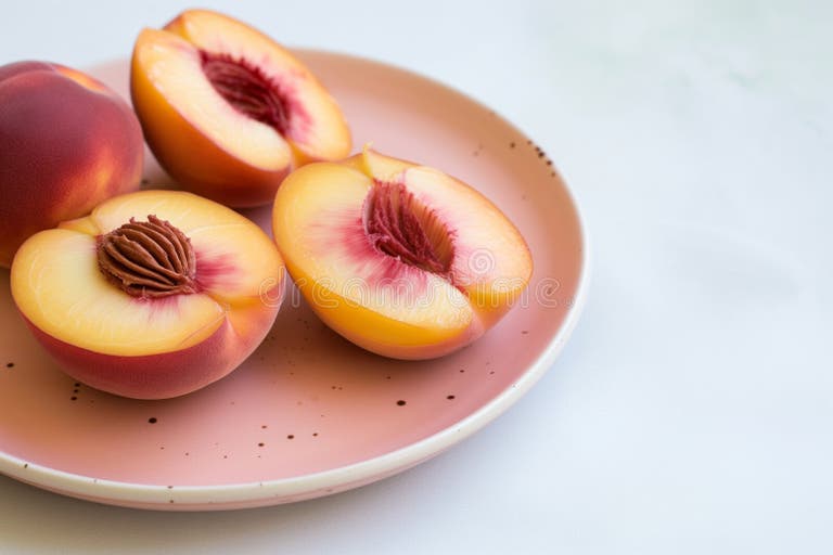 Fresh Peach Halves on a Peachcolored Ceramic Plate with a White Table ...