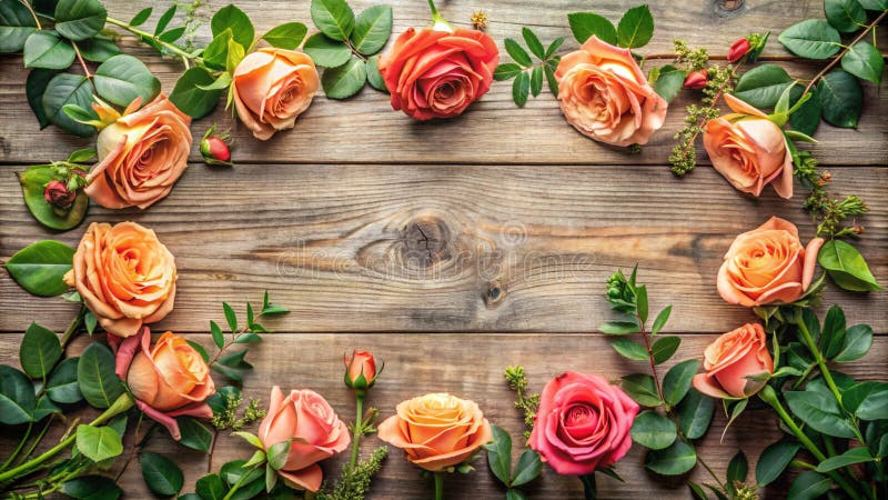 Fresh Peach and Red Roses on Rustic Wood Background Stock Image - Image ...