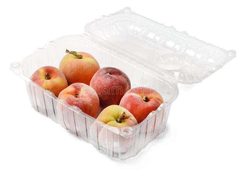 Fresh Peaches in Plastic Packaging Isolated on White. Close-up Stock ...