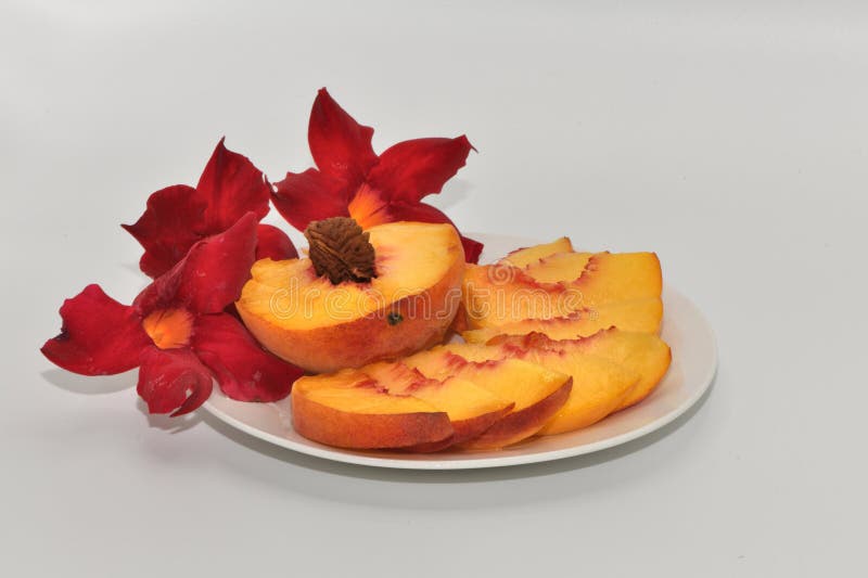 Fresh peaches sliced open stock image. Image of dessert - 290177653