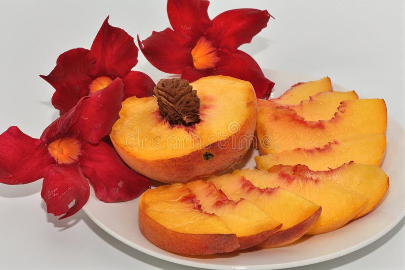 Fresh peaches sliced open stock photo. Image of plant - 290177654