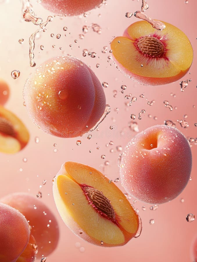 Fresh Peaches Splashed with Water Create a Refreshing and Vibrant Scene ...