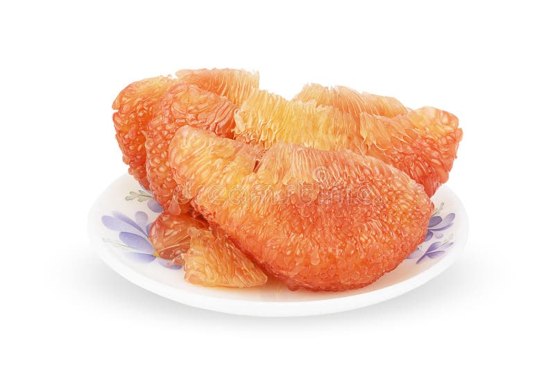 Fresh Pealed Pomelo on White Plate with Clipping Path Stock Photo ...