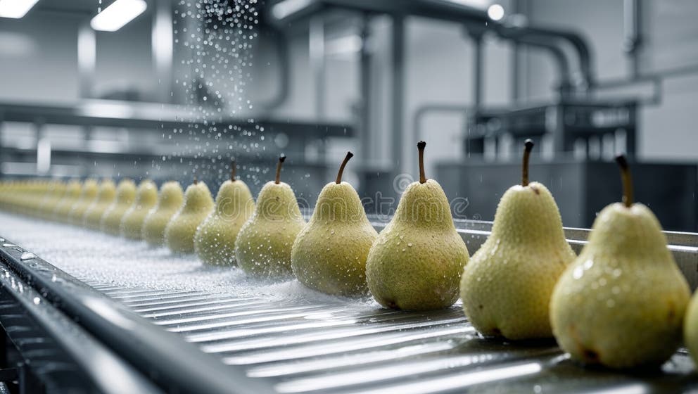 Fresh Pears Being Washed on Conveyor Belt in Industrial Vegetable ...