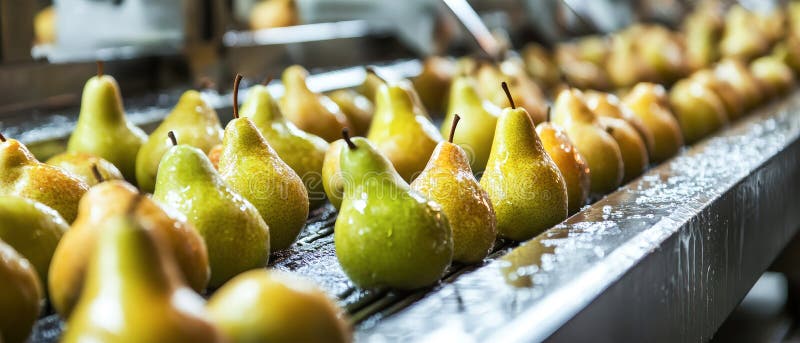 Fresh Pears Being Washed on Conveyor Belt in Industrial Vegetable ...