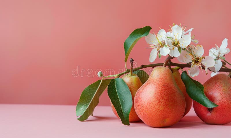 Fresh Pears with a Blooming Pear Branch on a Pastel Pink Background ...