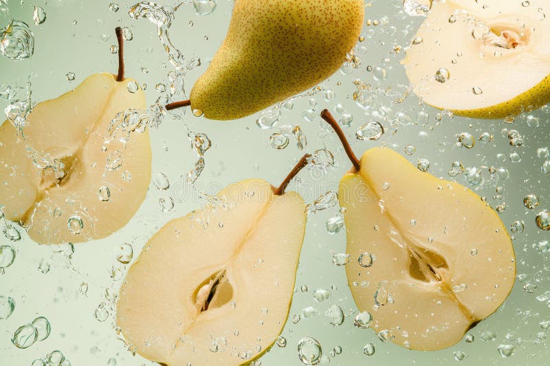 Fresh Pears, Both Whole and Sliced, Floating in Water with Bubbles ...