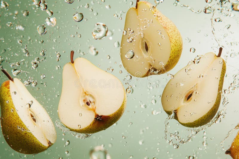 Fresh Pears, Both Whole and Sliced, Floating in Water with Bubbles ...