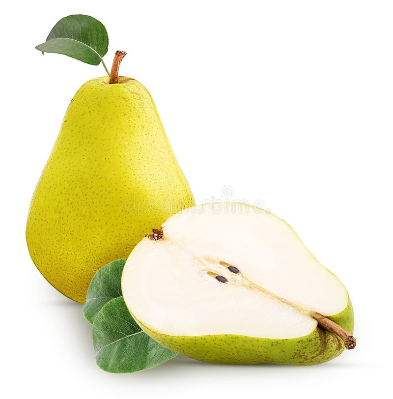 Pears and Half of Pear with Green Leaves Isolated on White Background ...