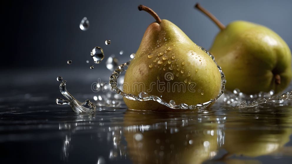 Fresh Pears Splashed with Water Droplets on a Reflective Surface in a ...