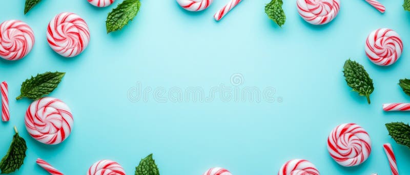 Fresh Peppermint and Mint Leaf Frame on a Serene Sky Blue Background ...