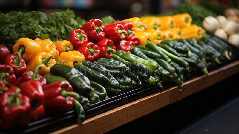 Fresh Peppers and Vegetables on Display at a Supermarket, Stack of ...