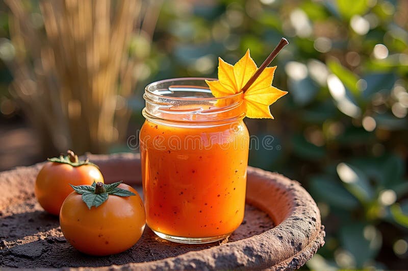 Fresh Persimmon Juice in Jar with Autumn Leaf Garnish Outdoors Stock Photo - Image of glass ...