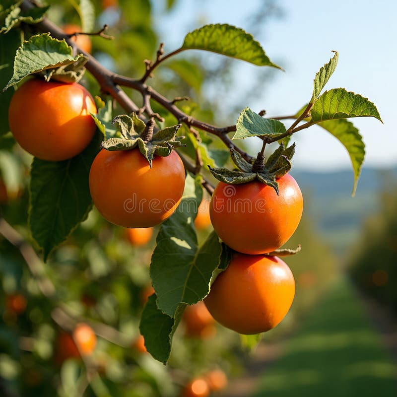 Fresh Persimmons on Sunlit Tree in Orchard with Distant Hills Stock ...