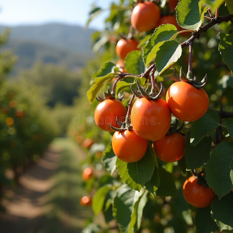 Fresh Persimmons on Sunlit Tree in Orchard with Distant Hills Stock ...