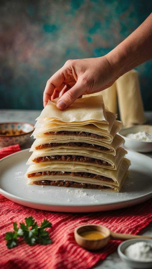 Fresh Phyllo Dough Being Layered for Baklava on a Kitchen Counter Stock ...