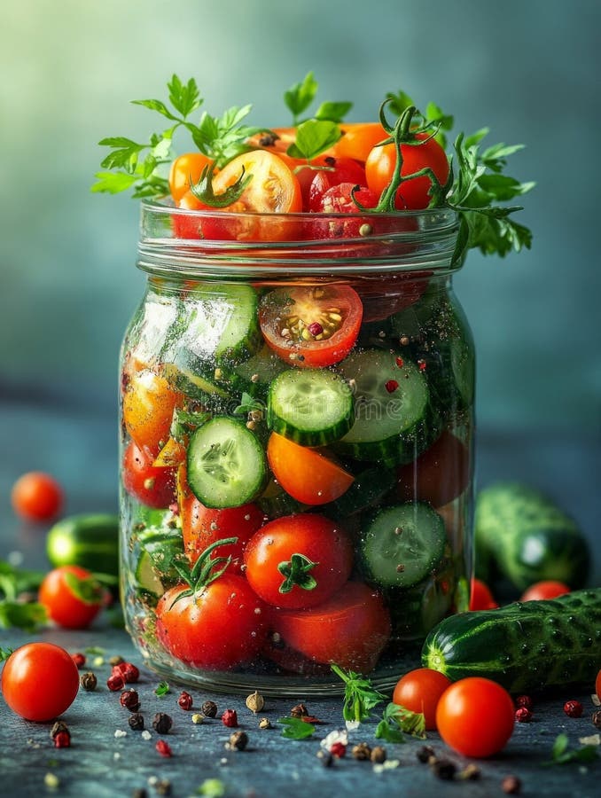 Fresh Pickled Vegetables in a Jar with Cherry Tomatoes and Cucumbers ...
