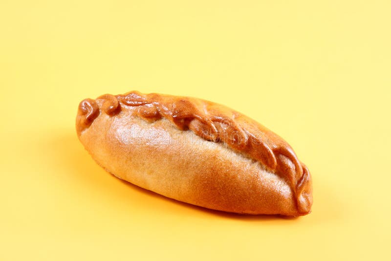 Fresh Pie, Bun with Meat and Vegetables on Yellow Background Stock ...