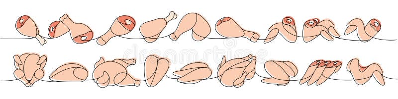 Fresh Pieces of Chicken One Line Colored Continuous Drawing. Raw ... Fresh Pieces of Chicken One Line Colored Continuous Drawing. Raw ...