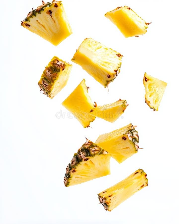 Fresh Pineapple Chunks Falling on a White Background in a Dynamic ...