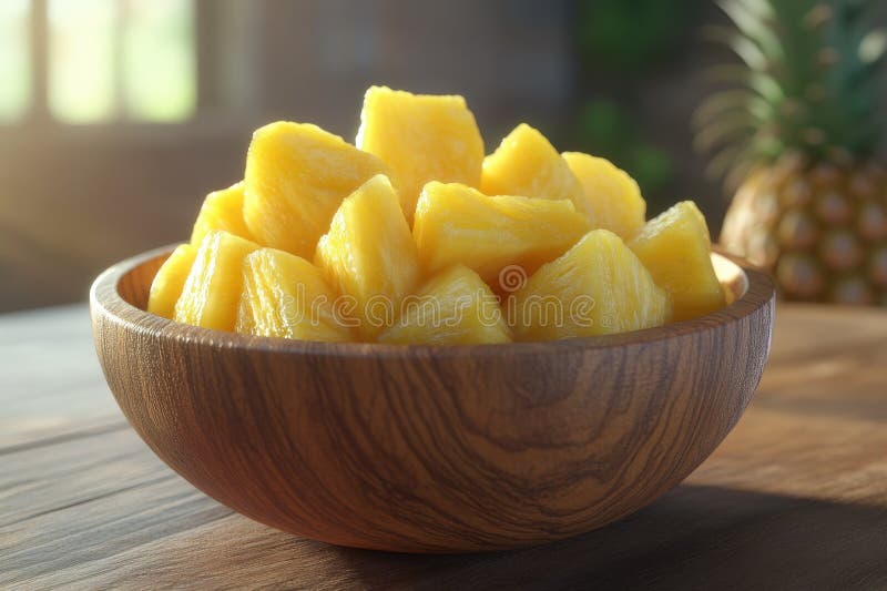 Fresh Pineapple Chunks in a Wooden Bowl on a Rustic Table Under Soft ...