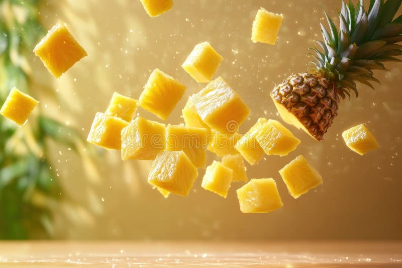 Fresh Pineapple Cubes Falling from a Whole Pineapple in Vibrant Kitchen ...