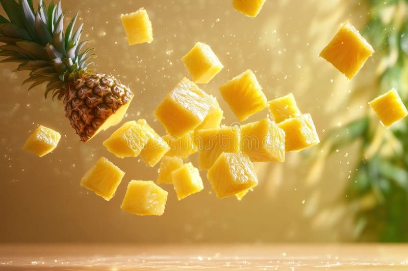 Fresh Pineapple Cubes Falling from a Whole Pineapple in Vibrant Kitchen ...