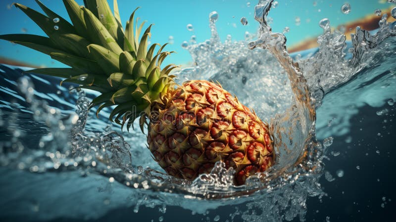 Fresh Pineapple Falls in Blue Water, with Splashes and Air Bubbles ...