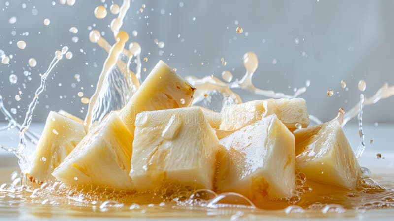 Fresh Pineapple Fruit Chunks Splashing into Juice, Refreshing Tropical ...