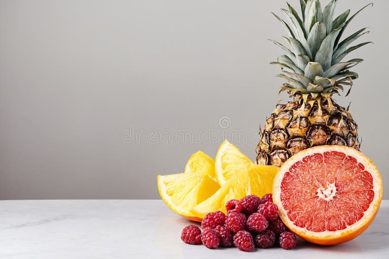 Fresh Pineapple Grapefruit Raspberry Fruit Composition on White Marble ...