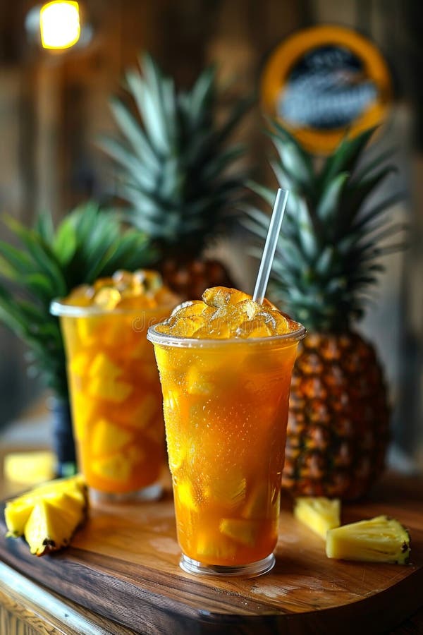 Fresh Pineapple Juice in the Glass and Pineapple on the Wooden Table ...