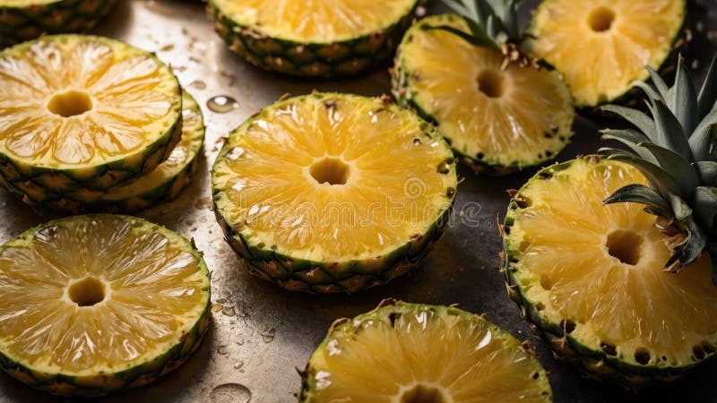 Fresh Pineapple Slices Arranged on a Tray, Glistening with Moisture ...