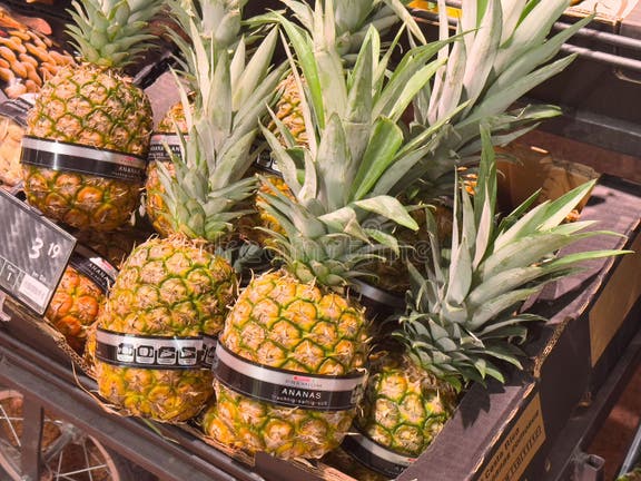 Fresh Pineapples on Display at Grocery Store Fruit Section Editorial ...