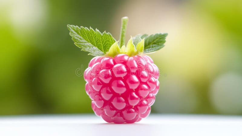 Fresh Pink Raspberry with Green Leaves on a Soft Blurry Background ...