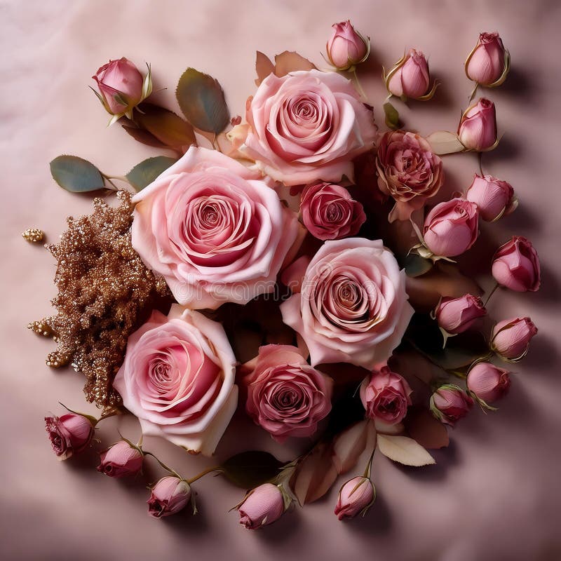 Fresh Pink Roses and Dried Rosebuds Create a Visually Pleasing and ...
