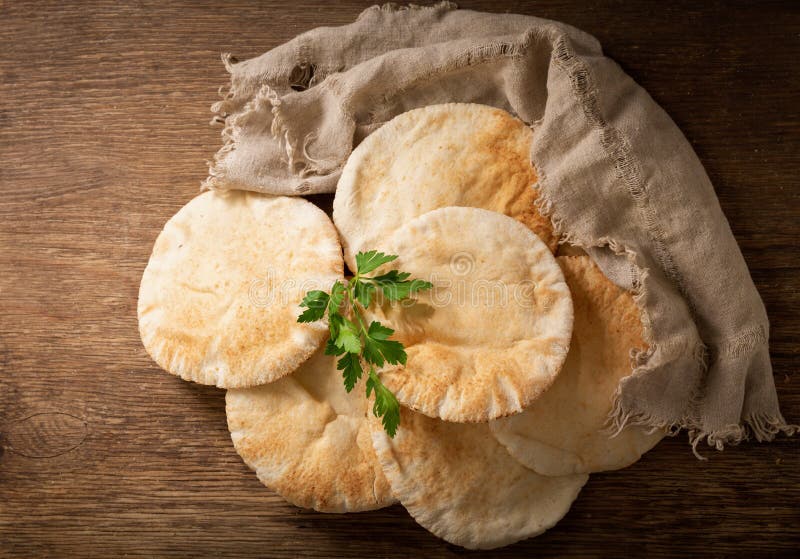 Fresh Pita Bread on a Wooden Table, Top View Stock Photo - Image of ...