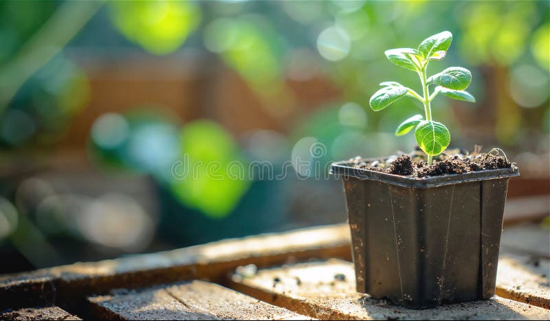 Fresh Plant Sprout in Pot with Garden Backdrop with Space for Text ...