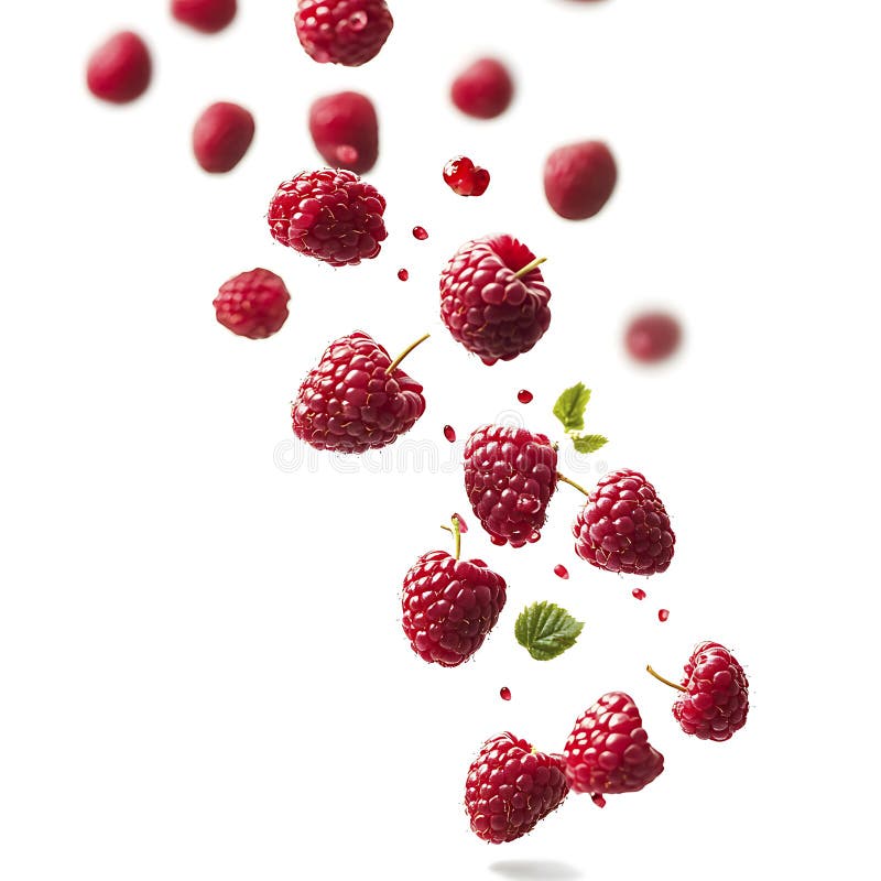 Fresh Plump Raspberry in Freefall Highlighted on Pure White Stock Image ...