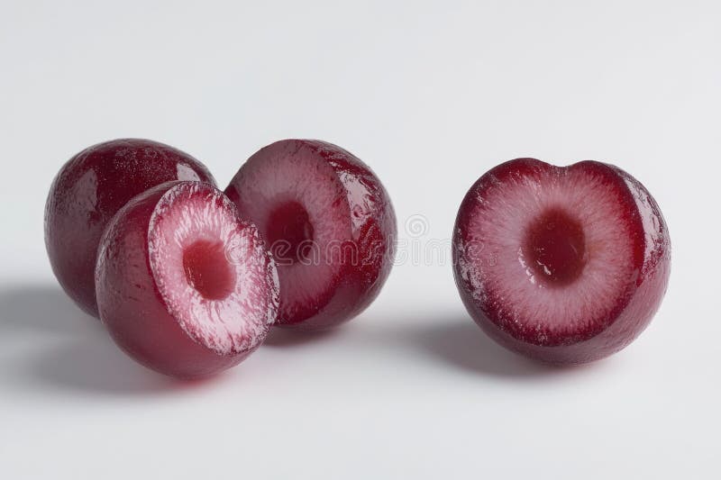 Fresh Plums Cut in Half Lying on a Clean White Surface Stock Image ...