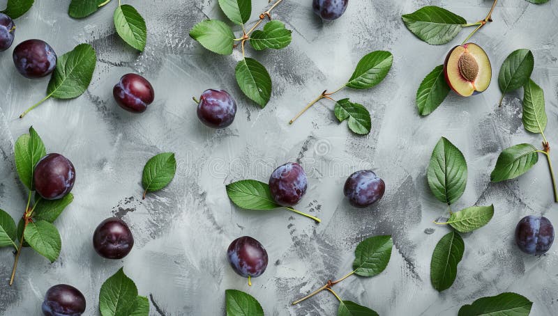 Fresh Plums with Leaves Scattered on Textured Background Stock ...