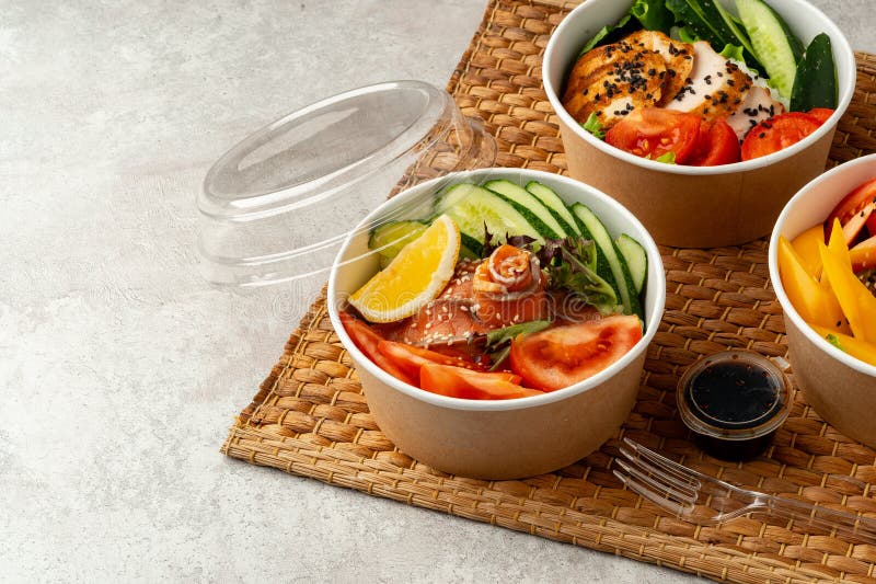 Fresh Poke Bowl on Straw Mat Close Up Stock Photo - Image of background ...