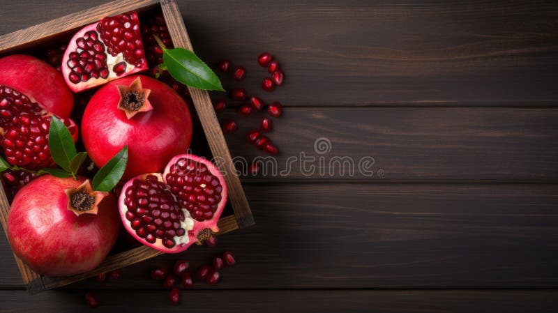 Fresh Pomegranate in a Wooden Box. on a Gray Background. Top View Stock ...