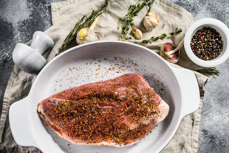 Fresh Pork Cuts. Raw Meat with Spices. Grey Background. Top View Stock ...