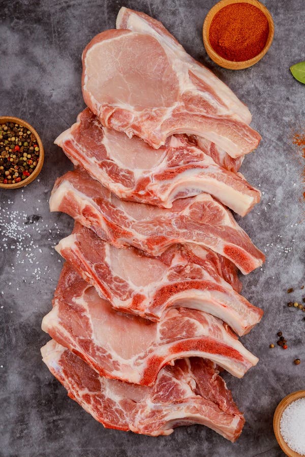 Cut Pork Meat Chop Bone in and Pork Belly Stock Photo - Image of ...