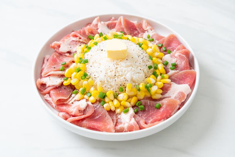 Fresh Pork Raw Sliced with Rice and Corn on Plate and Ready To Cook ...