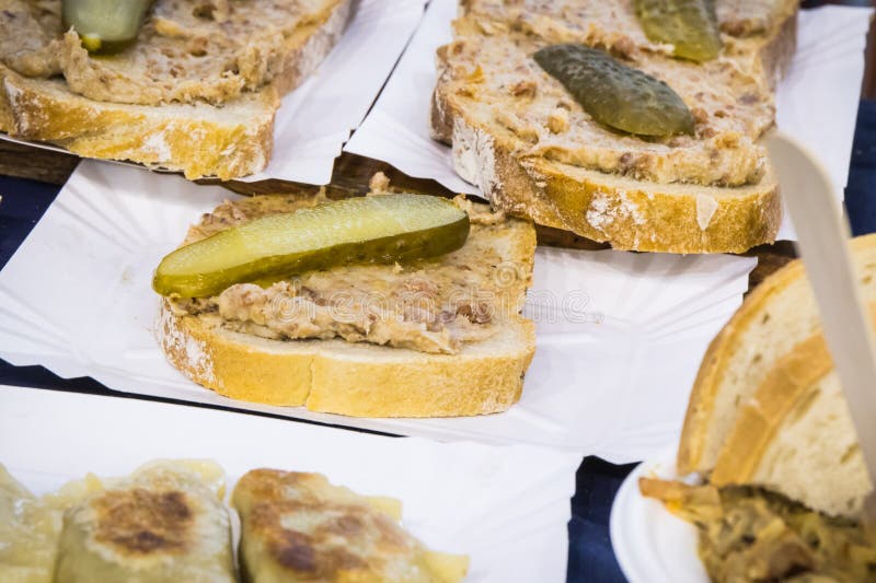Fresh Portion of Wheat or Rye Bread with Homemade Lard with Pickled ...