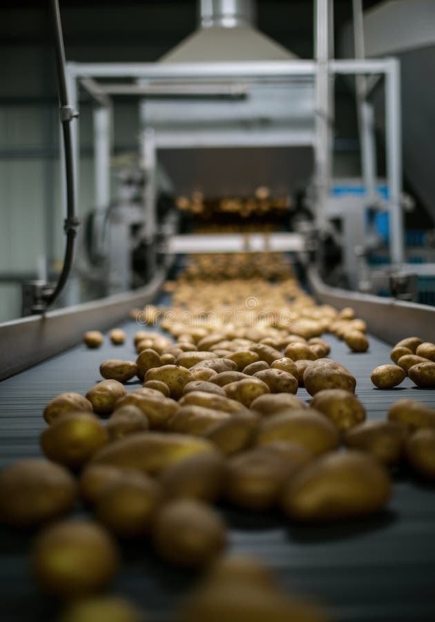 Fresh Potatoes on a Conveyor Belt in a Processing Facility Stock Photo ...
